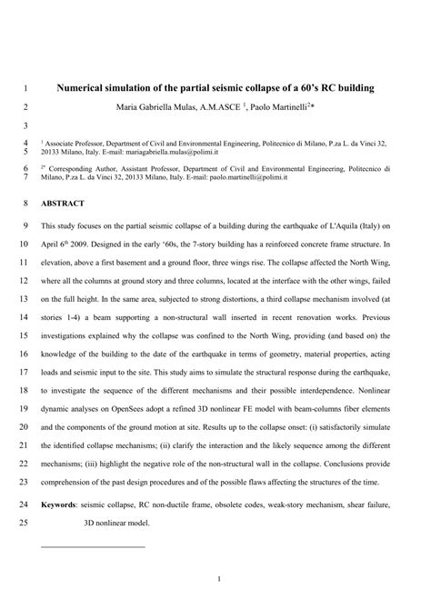 Pdf Numerical Simulation Of The Partial Seismic Collapse Of A 1960s