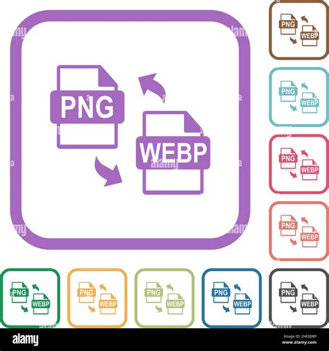 Png Webp File Conversion Simple Icons In Color Rounded Square Frames On White Background Stock