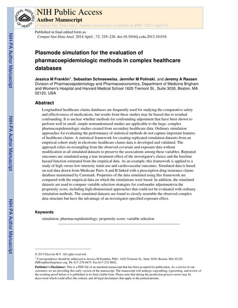 PDF Plasmode Simulation For The Evaluation Of Pharmacoepidemiologic Methods In Complex