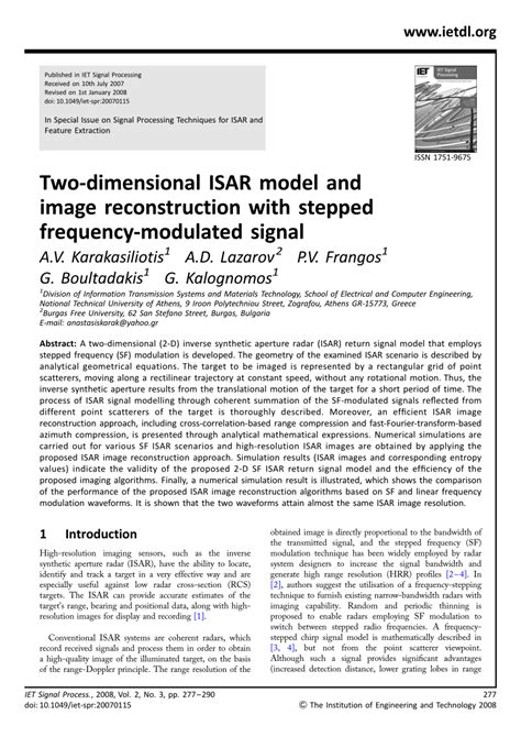Pdf Two Dimensional Isar Model And Image Reconstruction With Stepped Frequency Modulated Signal
