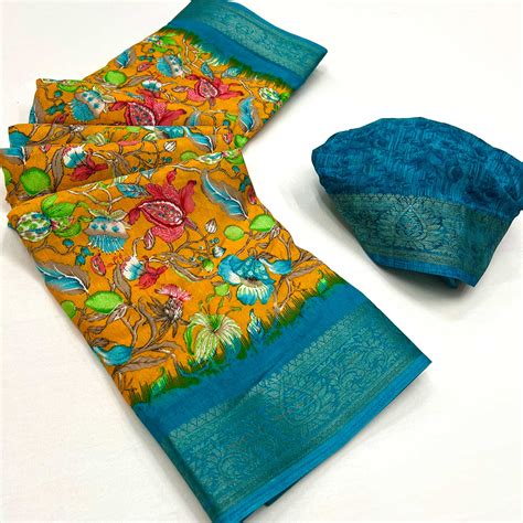 Mustard Floral Printed Dola Silk Saree With Woven Border