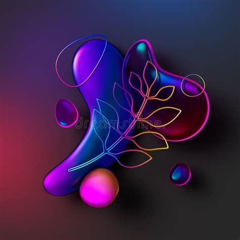 3d Render Abstract Iridescent Glass Shapes Smooth Pebble And Tropical Leaf Trendy Colorful