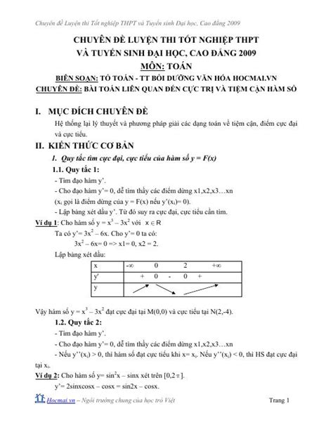 CÁc BÀi Toan LiÊn Quan ĐẾn CỰc TrỊ VÀ TiỆm CẬn Hàm Số Nguyên Hàm Tp Lê Duy Thiện Trang