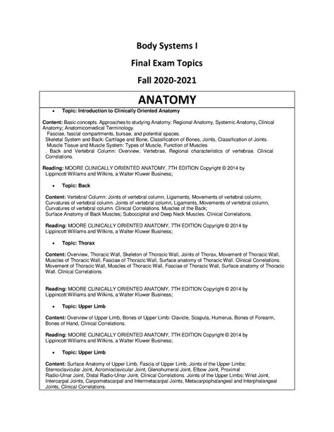 Body Systems I Final Exam Topics Fall 2020 2021 Body Systems I