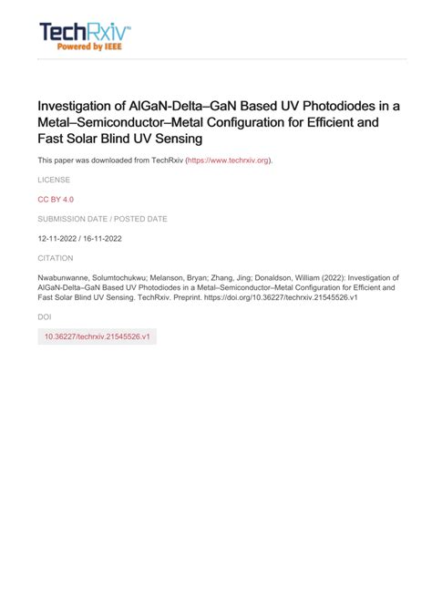 Pdf Investigation Of Algan Deltagan Based Uv Photodiodes In A Metalsemiconductormetal