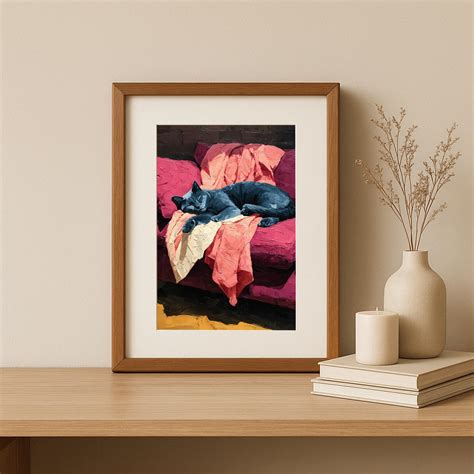 Grey Cat Art Print Sleeping On A Pink Couch Elegant Decor Purrfect