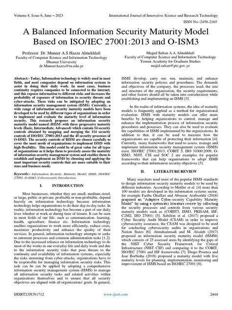 A Balanced Information Security Maturity Model Based On Iso Iec 27001 2013 And O Ism3 Pdf