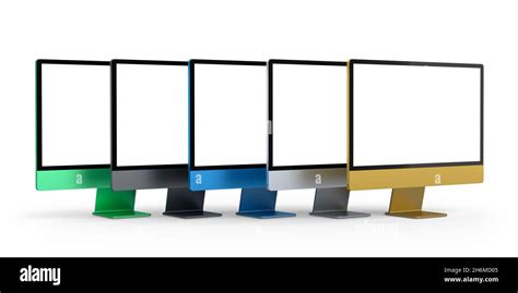 Set Of Desktop Computers With Blank Screen Display Isolated On White Background 3d Rendering Of