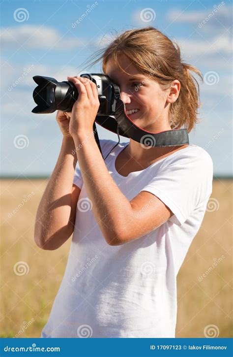 Girl Taking Photo With Camera Stock Image Image Of Photographic Head