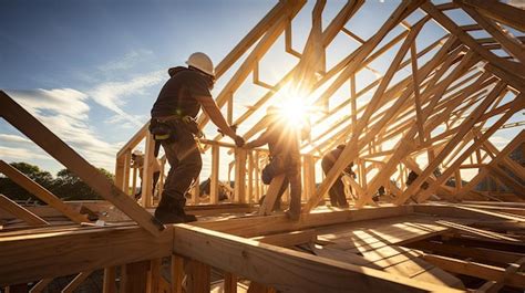 Premium Ai Image Workers Assembling A Wooden Frame For A Fresh Residential Development