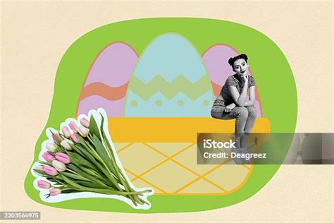 복합 스케치 이미지 트렌드 아트웍 콜라주 젊은 숙녀 앉아 계란 꽃다발 튤립 선물 세상에 알리다 가족 4 월 축제 전통 계절 20 24세에 대한 스톡 사진 및 기타 이미지