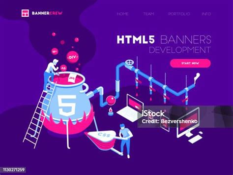 Html5 배너 만드는 과정 웹 사이트 디자인 컨셉 개발자 들 모니터 태블릿 노트북 및 화면에 응답 배너와 아이소메트릭 스타일에서 일러스트 벡터 랜딩 페이지 디자인입니다 3