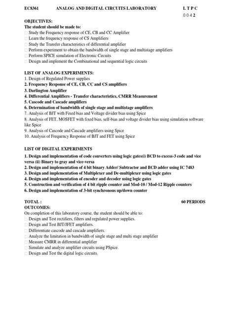 Ec8361 Adc Lab Syllabus Pdf Field Effect Transistor Electronic Circuits