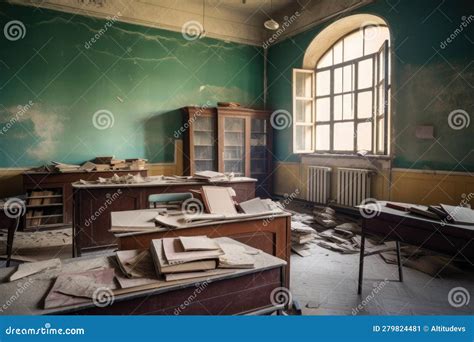 Empty Classroom Setup With Old Books And Dusty Desks For A Historical