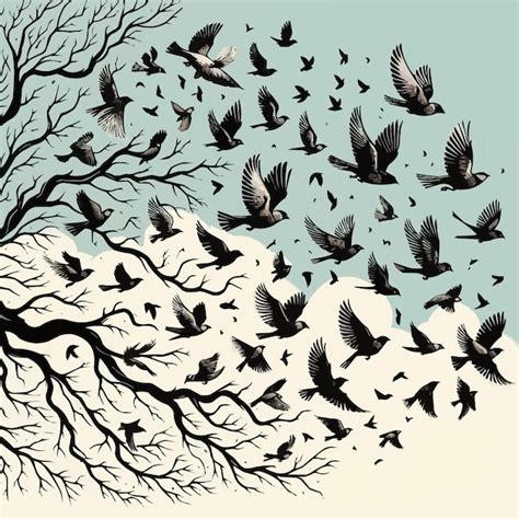 Premium Vector Vector Flock Of Flying Birds On Tree Branch