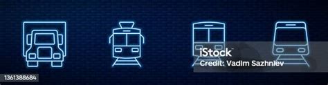 세트 라인 기차 와 철도 배달화물 트럭 트램 및 벽돌 벽에 빛나는 네온 아이콘 벡터 교육 강좌에 대한 스톡 벡터 아트 및 기타 이미지 Istock