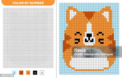 빨간 고양이 스퀴시멜로 숫자로 색칠하기 픽셀 색칠 공부 번호가 매겨진 사각형 아이들을 위한 게임 고양이 새끼에 대한 스톡 벡터