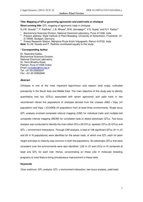 Pdf Mapping Of Qtls Governing Agronomic And Field Traits In Chickpea