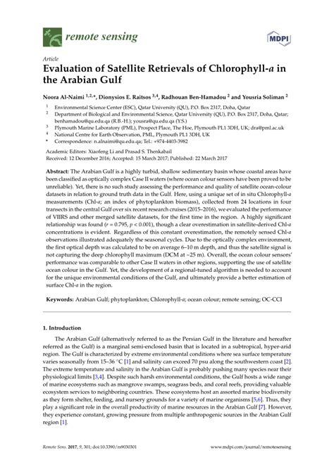 Pdf Evaluation Of Satellite Retrievals Of Chlorophyll A In The Arabian Gulf