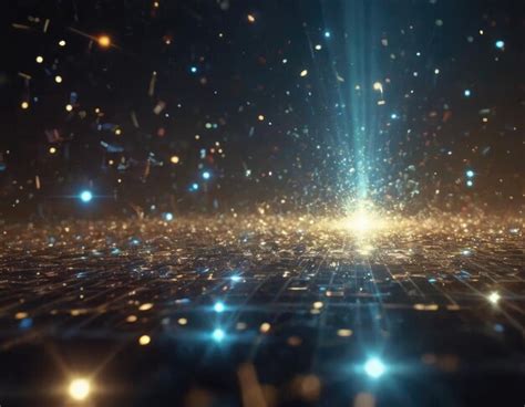 Abstract Digital Grid With Golden And Blue Lights And Falling Particles