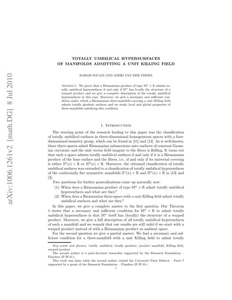 Pdf Totally Umbilical Hypersurfaces Of Manifolds Admitting A Unit Killing Field