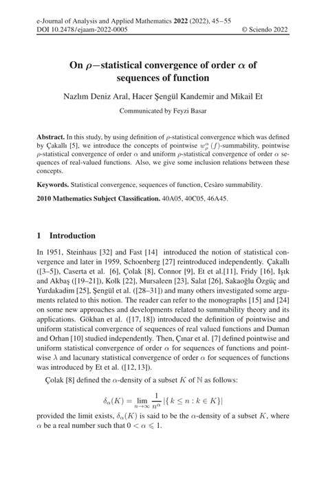 Pdf On ρ−statistical Convergence Of Order α Of Sequences Of Function