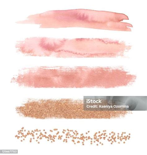 흰색 배경에 고립 된 분홍색과 로즈 골드 글리터 브러시 스트로크의 수채화 세트 아름 다운 컬렉션 디자인에 대 한 요소 구리에 대한 스톡 벡터 아트 및 기타 이미지 Istock
