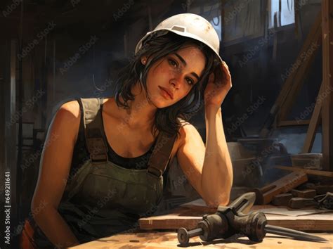 Hot Woman On A Construction Site Illustration Portrait Of A Beautiful Babe Caucasian Female