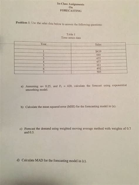 solved in class assignments on forecasting problem 1 use