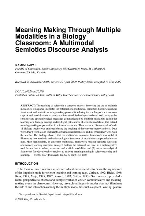 Pdf Meaning Making Through Multiple Modalities In A Biology Classroom