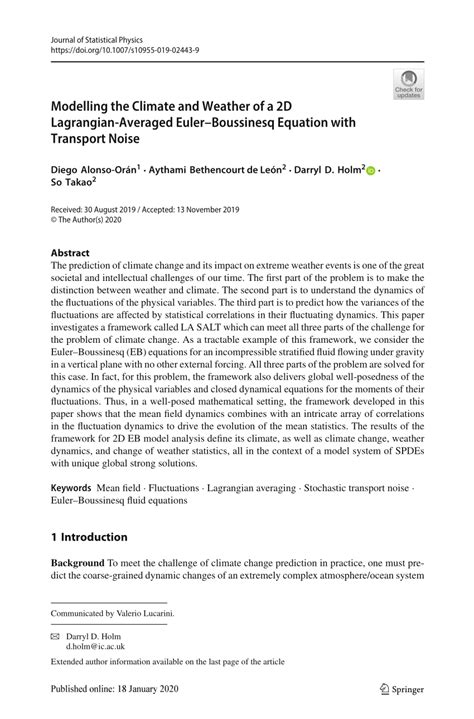Pdf Modelling The Climate And Weather Of A 2d Lagrangian Averaged Euler Boussinesq Equation