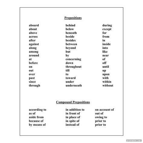 Preposition Chart Printable Gridgit Com