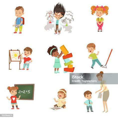 아 이들의 실패와 실수 좌절 경험 하는 그들의 실패 벡터 일러스트는 흰색 바탕에 작은 아이 교사 교육 관련 직업에 대한 스톡 벡터 아트 및 기타 이미지 Istock