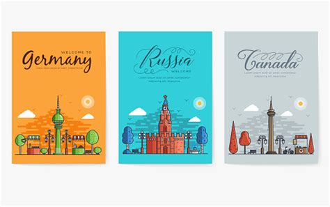개요 다른 도시 여행 목적지에 대 한의 집합입니다 랜드마크 배너 전단지 잡지 포스터 책 표지 배너의 얇은 선 레이아웃 세계 건축 평면 일러스트 현대 페이지 여행 목적지에