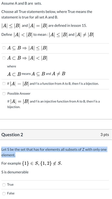 Solved Assume A And B Are Sets Choose All True Statements Chegg Com
