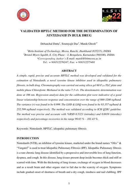 pdf validated hptlc method for the determination of nintedanib in