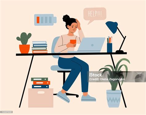 에너지가 부족한 젊은 여성은 노트북으로 테이블 옆에 앉아 과로하고 도움과 휴식이 필요합니다 정서적 탈진에 대한 스톡 벡터 아트