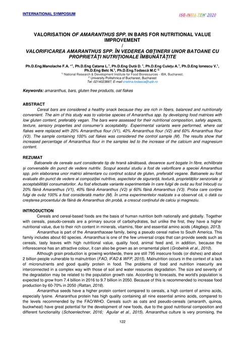 Pdf Valorisation Of Amaranthus Spp In Bars For Nutritional Value Improvement