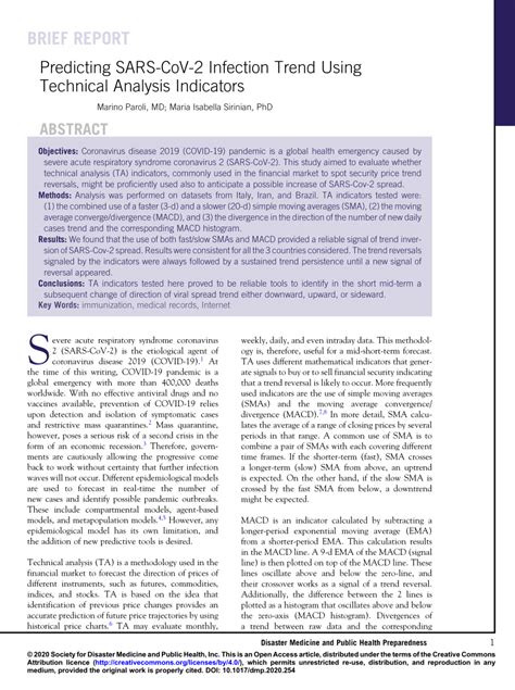 Pdf Predicting Sars Cov 2 Infection Trend Using Technical Analysis Indicators