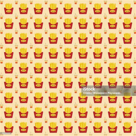 빨간 상자에 감자 튀김과 음료 패스트 푸드 원활한 패턴 포장 종이 벽지 직물 포장 질감 인쇄용 디자인 벡터 일러스트레이션 프렌치