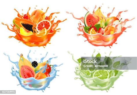 달콤한 이국적인 주스와 물 튀김 전체 및 슬라이스 파파야 체리 복숭아 자몽과 오렌지 바나나 수박 배 민트 스플래시와 방울과 달콤한 주스와 물에 유자 3d 벡터 구아바에 대한
