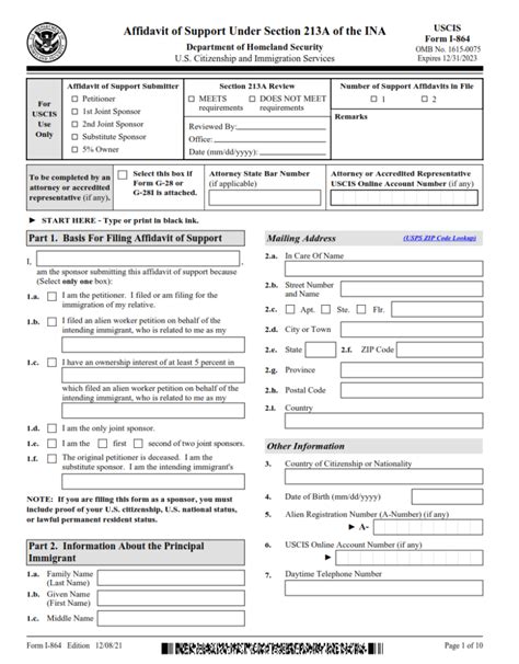 I 864 Form Affidavit Of Support Under Section 213a Of The Ina