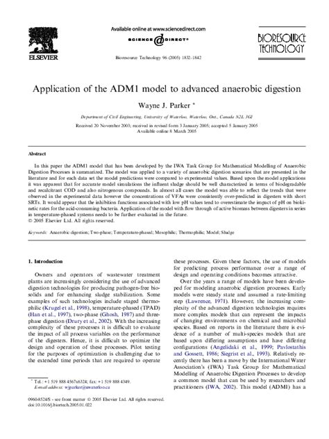application of the adm1 model to advanced anaerobic digestion