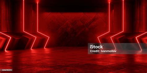 사이버 외계인 미래주의 스튜디오 복도 터널 쇼룸 공상 과학 미래형 레드 네온 빛나는 천장 조명 헛간 창고 금속 시멘트 밤 스튜디오 격납고 3d 렌더링 0명에 대한 스톡 사진