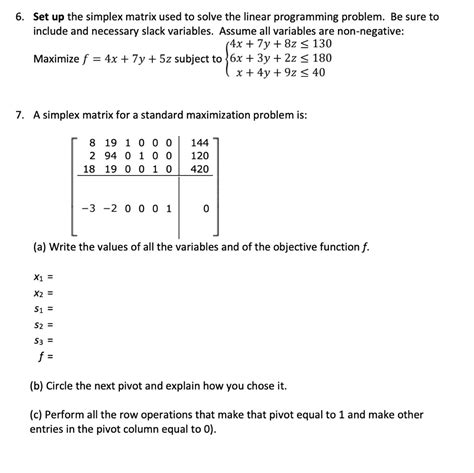 solved 6 set up the simplex matrix used to solve the linear