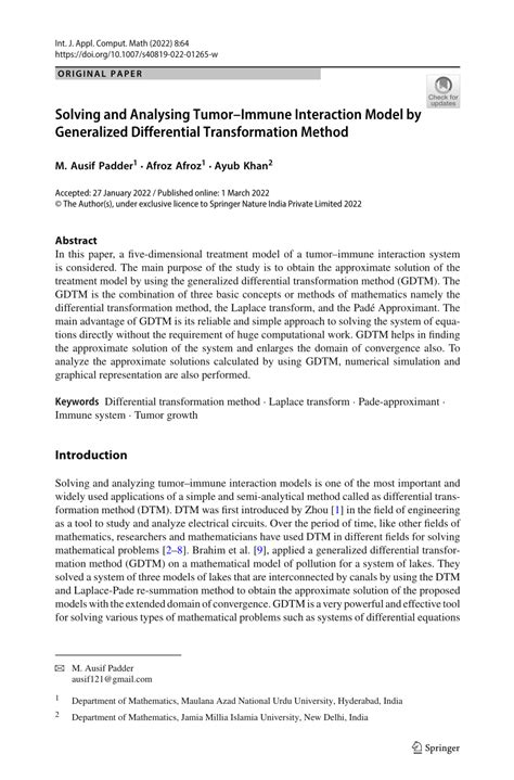 Pdf Solving And Analysing Tumor Immune Interaction Model By Generalized Differential