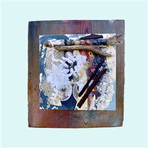 Mixed Media Collage With Found Objects On Asymmetrical Vintage Pine