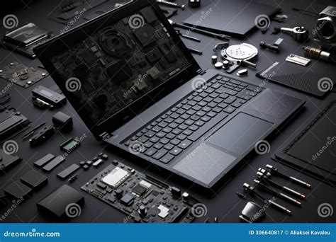 Exploding Notebook Computer Components Mainboard Cpu Ram Display Cables Cooling Fan Stock