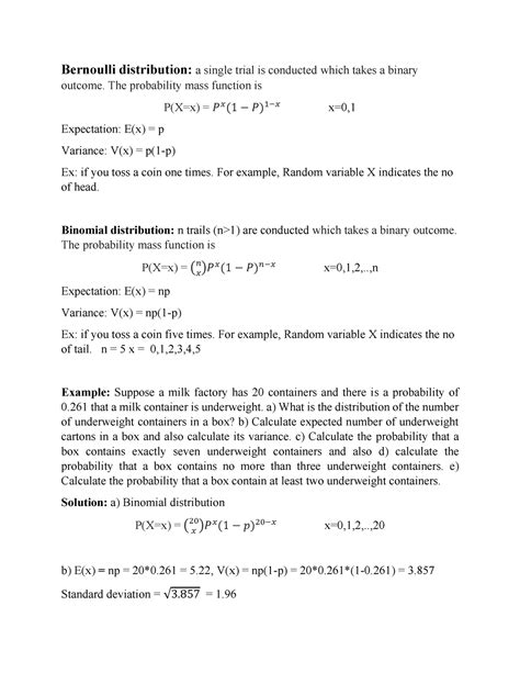 Lecture Sheet Bernoulli Binomial Poisson Distribution Probability And Statistic Studocu
