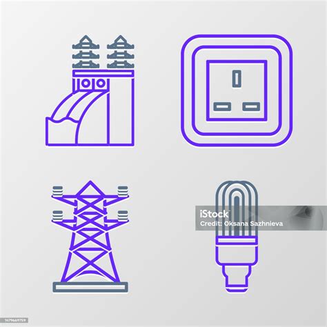 세트 라인 Led 전구 고전압 전봇대 라인 전기 콘센트 및 원자력 발전소 아이콘 벡터 0명에 대한 스톡 벡터 아트 및 기타